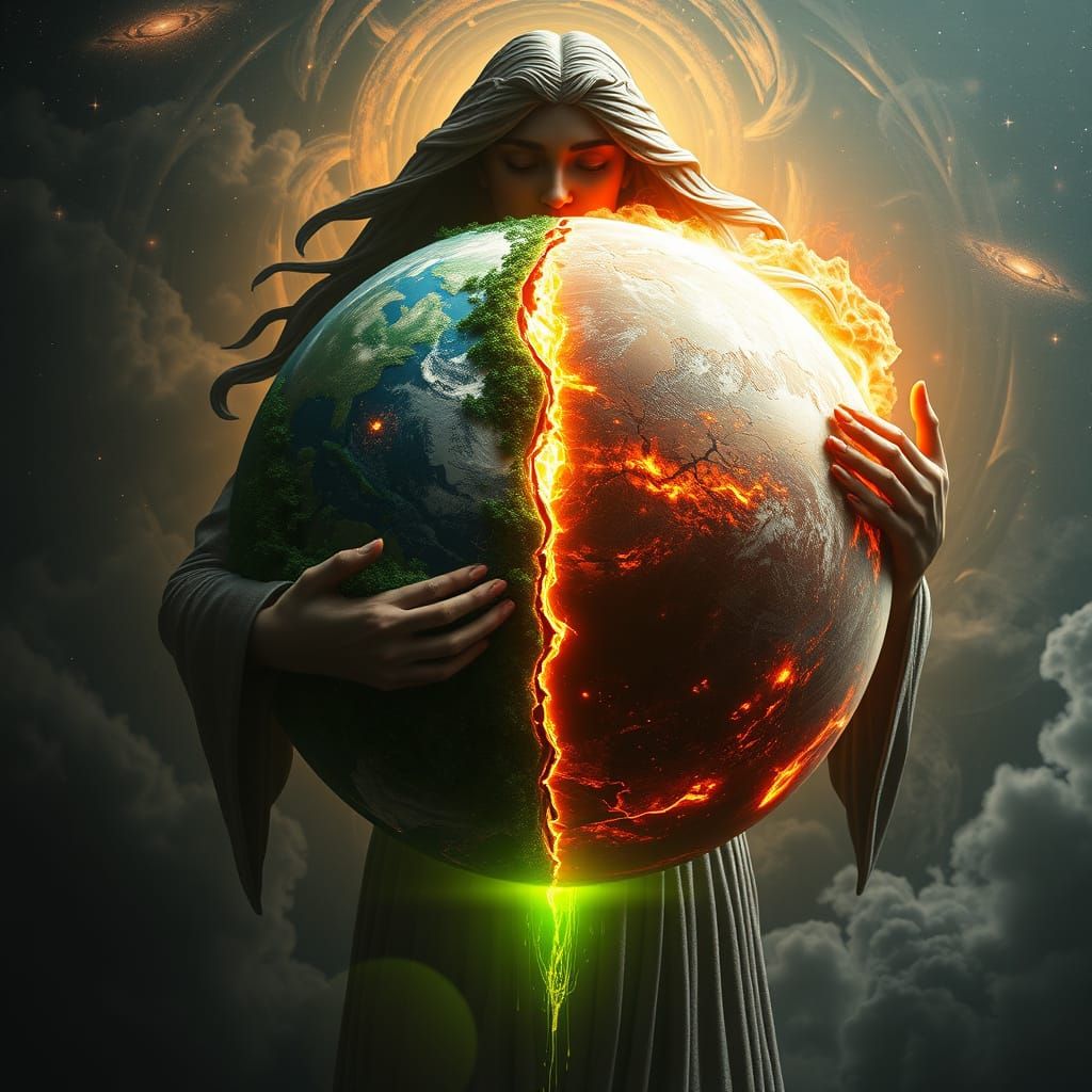 A powerful 3D concept art of Gaia as a divine figure cradling a cracked ...