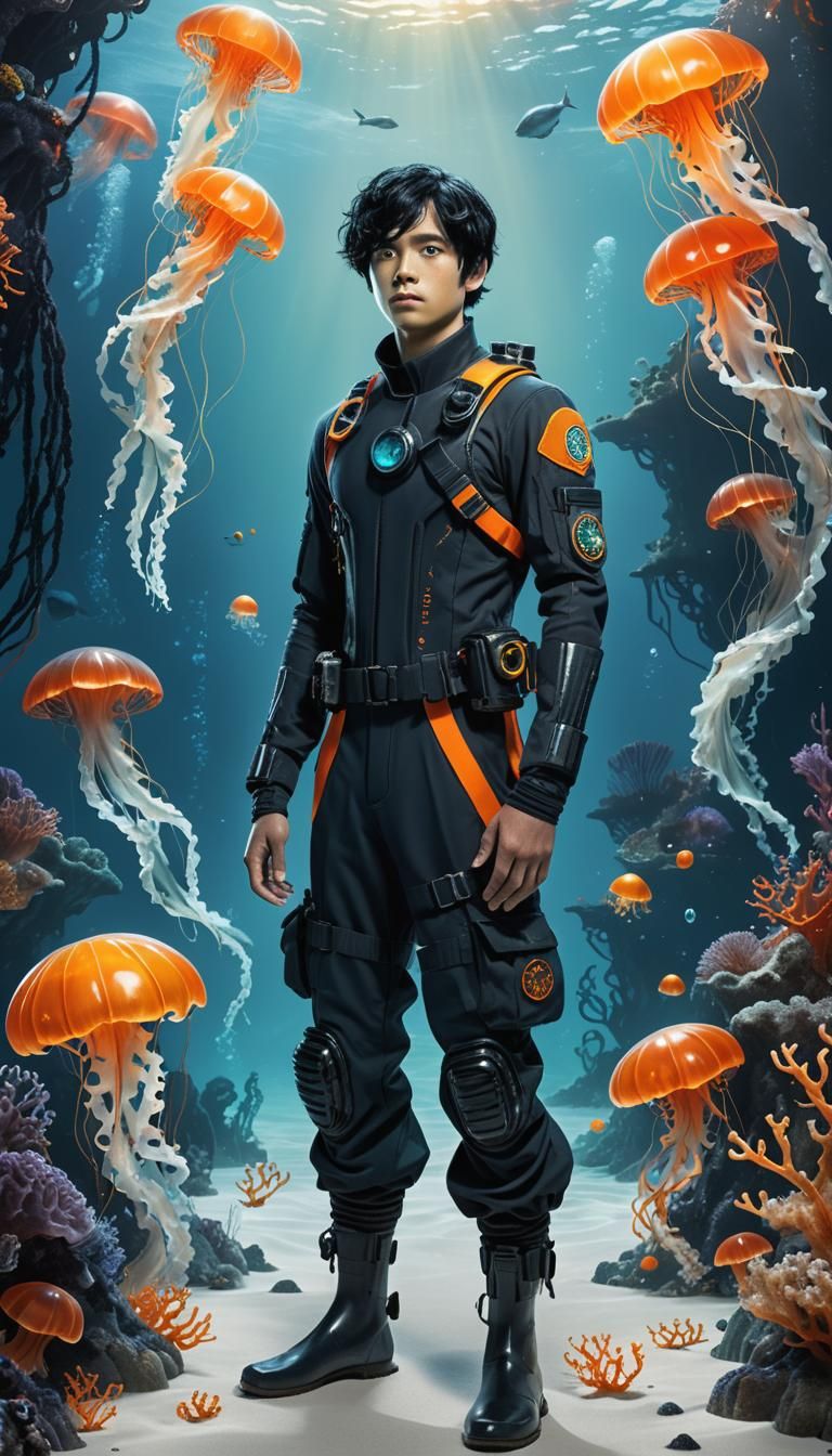 Handsome Young Man in Black Undersea Rescue Attire... - AI Art