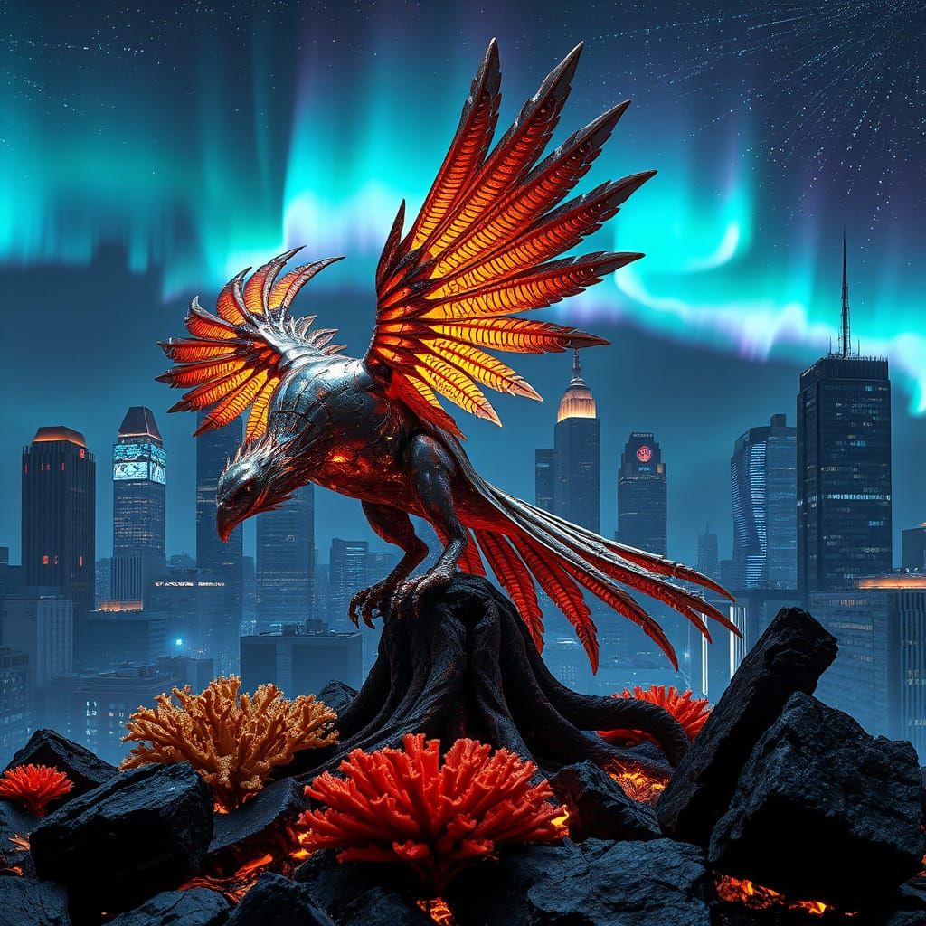A biomechanical phoenix rises from the ashes of a cyberpunk city, its ...