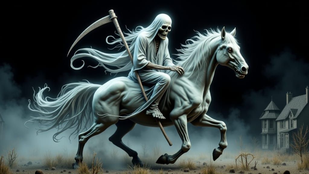 A Zombie figure of the Grim Reaper riding a Zombie horse, both formed ...