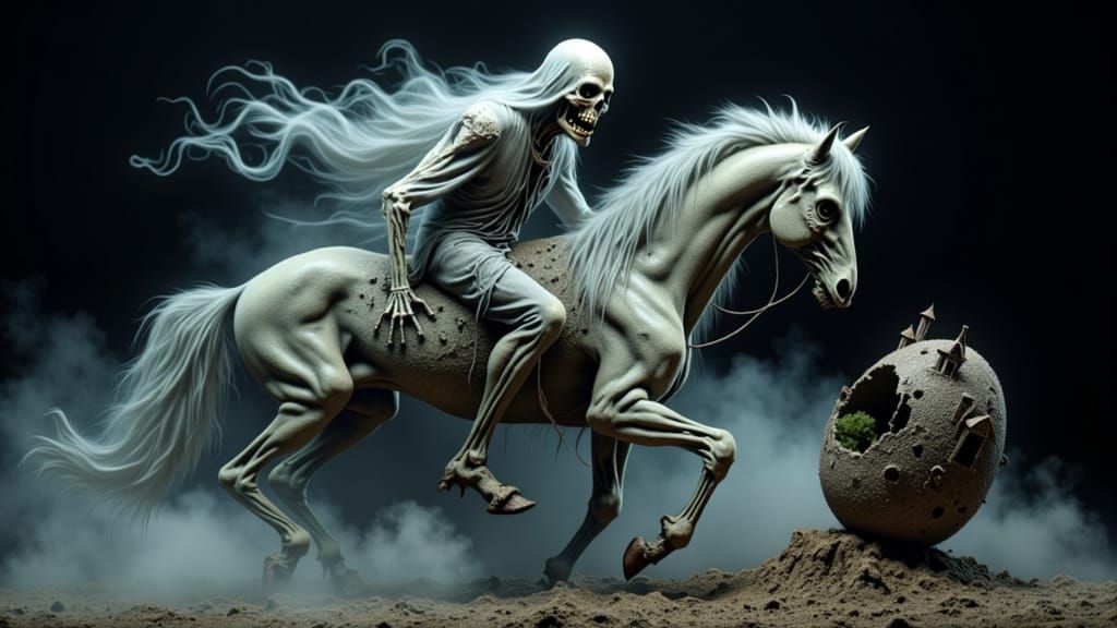 A Zombie figure of the Grim Reaper riding a Zombie horse, both formed ...