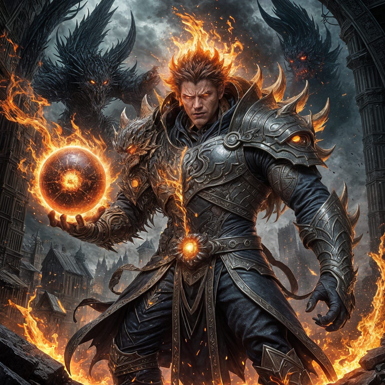 A fantasy image depicting a fearsome character standing with a massive ...