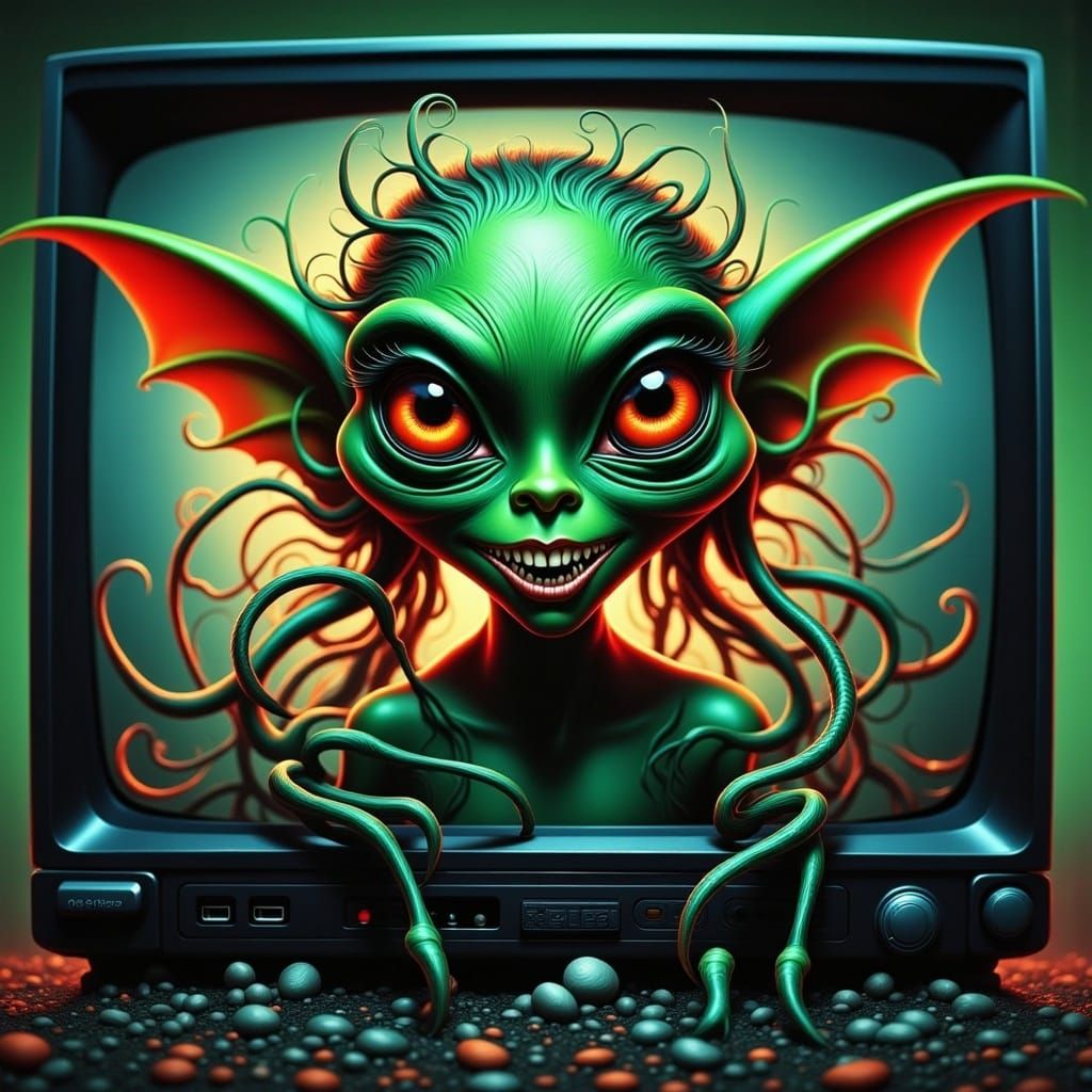 Futuristic Glitch Art of a Green Gremlin Emerging ... - AI Art