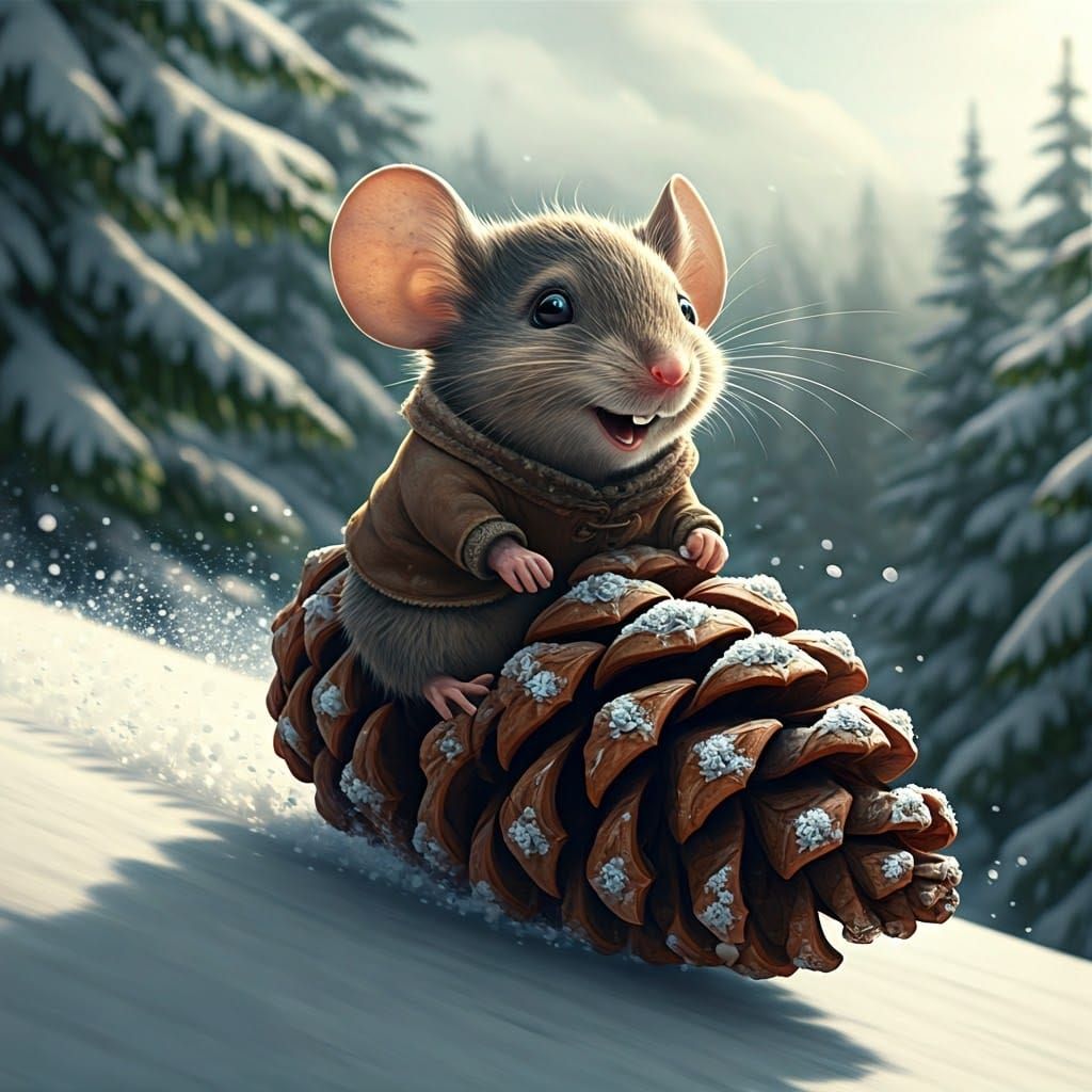 Mouse has Winter Fun! - Joyful Mouse Sleds Down a Snowy Pine...