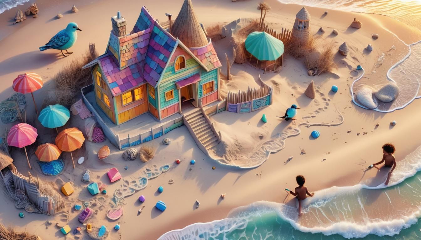 Whimsical, bizarre, twisted, bending beach-holiday-house on a sunset beach