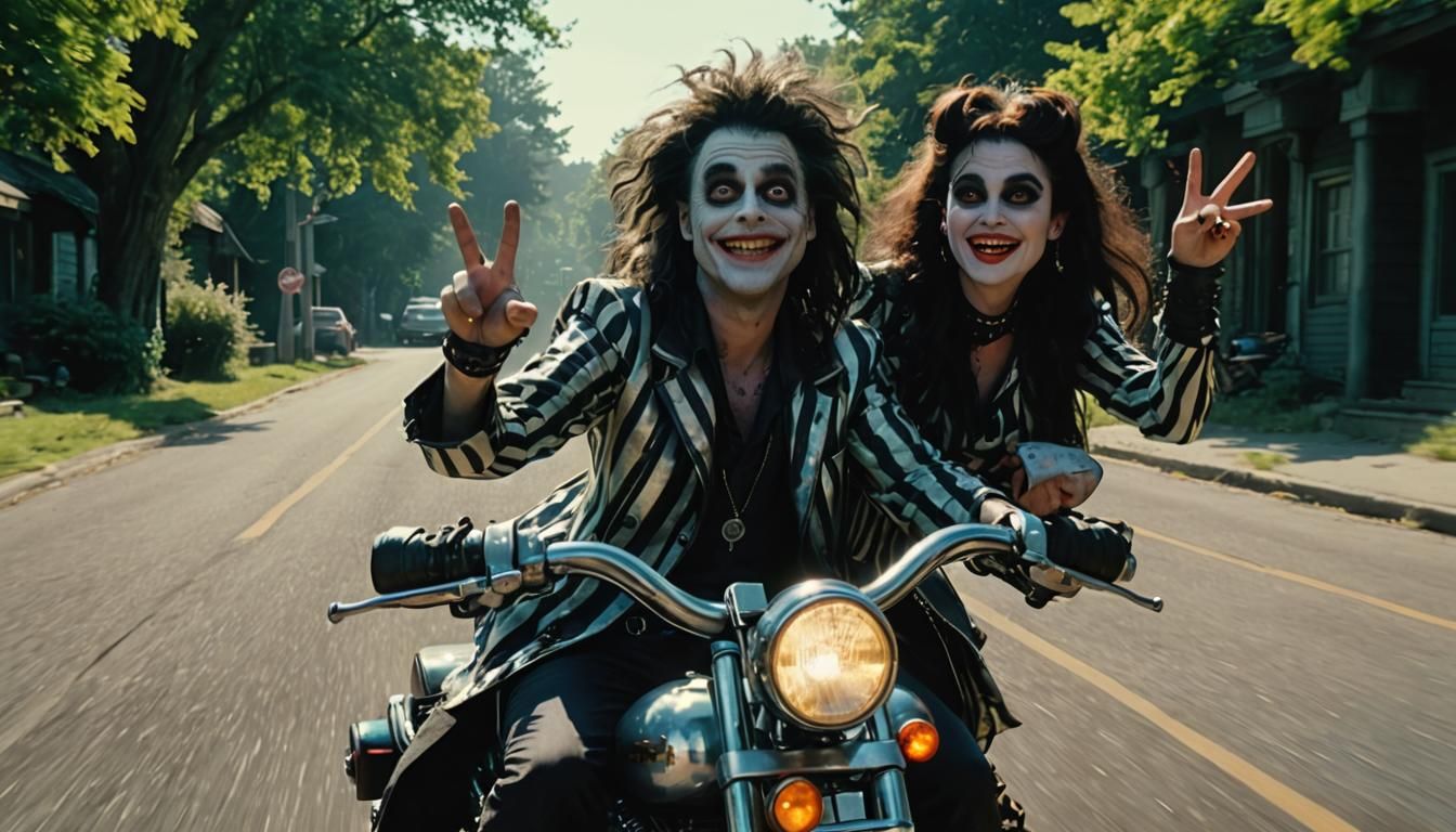 Beetlejuice is driving a motorcycle, Lydia Deetz is sitting behind him ...