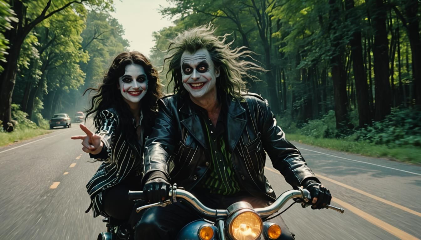 Beetlejuice is driving a motorcycle, Lydia Deetz is sitting behind him ...