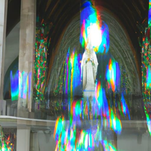 Nave and Alter full of stained glass windows and doric columns, white ...