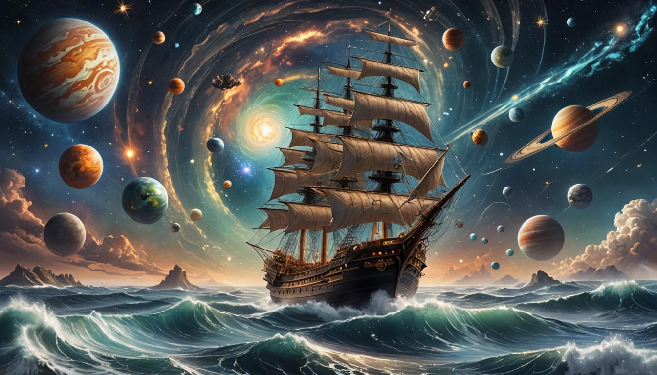 The image depicts a majestic ship sailing through a galaxy-like sky ...