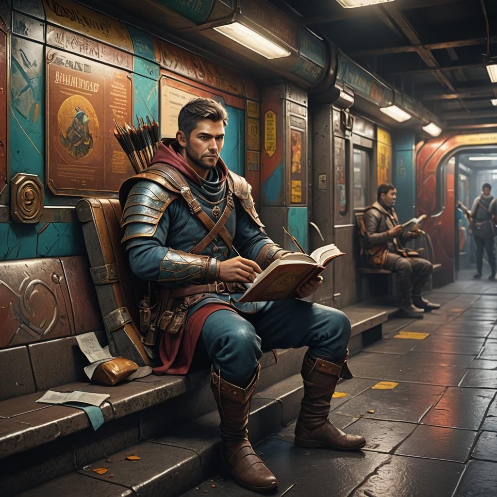 An ancient archer sitting in a subway reading a book, hyper realistic ...
