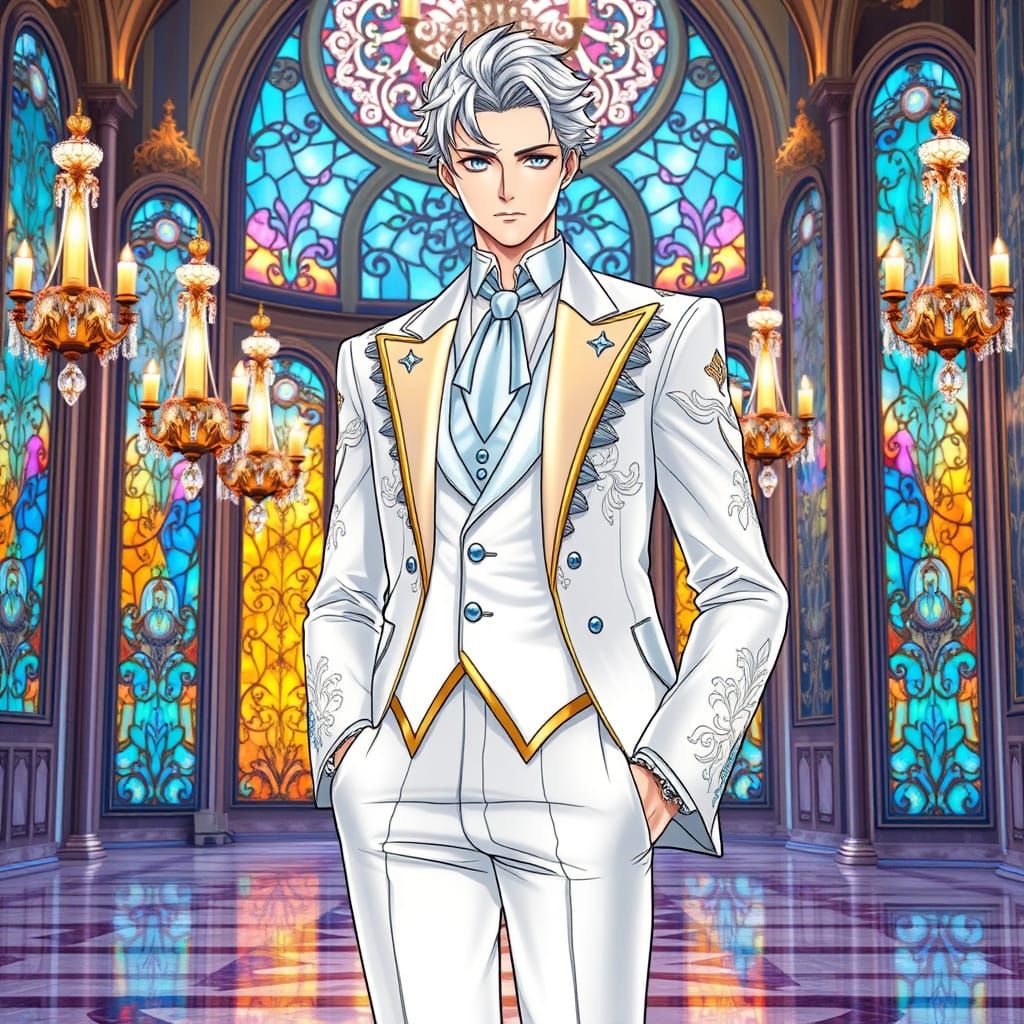 Silver haired handsome mand (in anime-manhwa mixed style) in front of ...