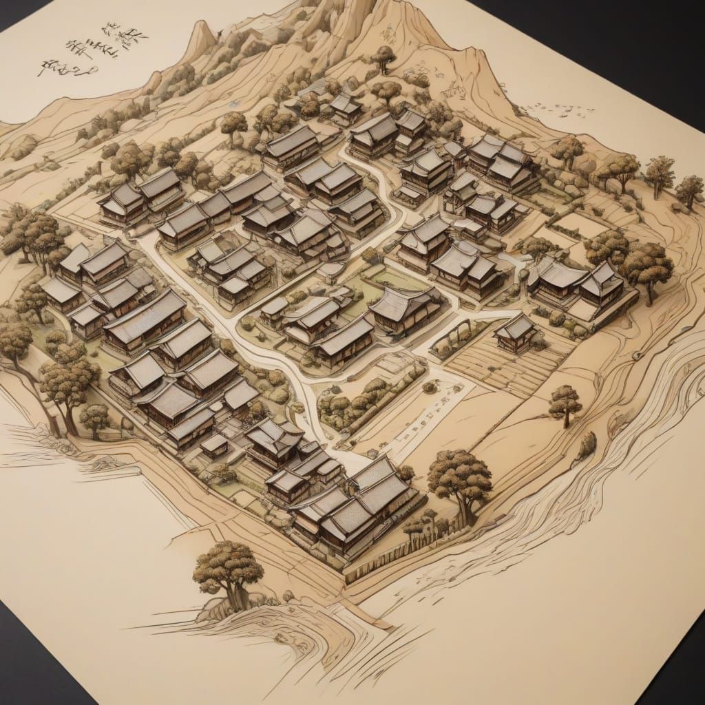 Traditional Japanese Village Map in Calligraphy St... - AI Art