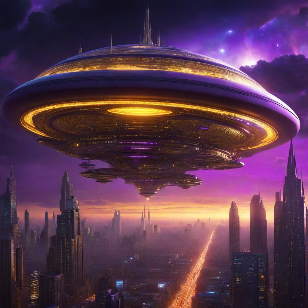 a massive alien mothership in the sky of a big city, view from afar ...