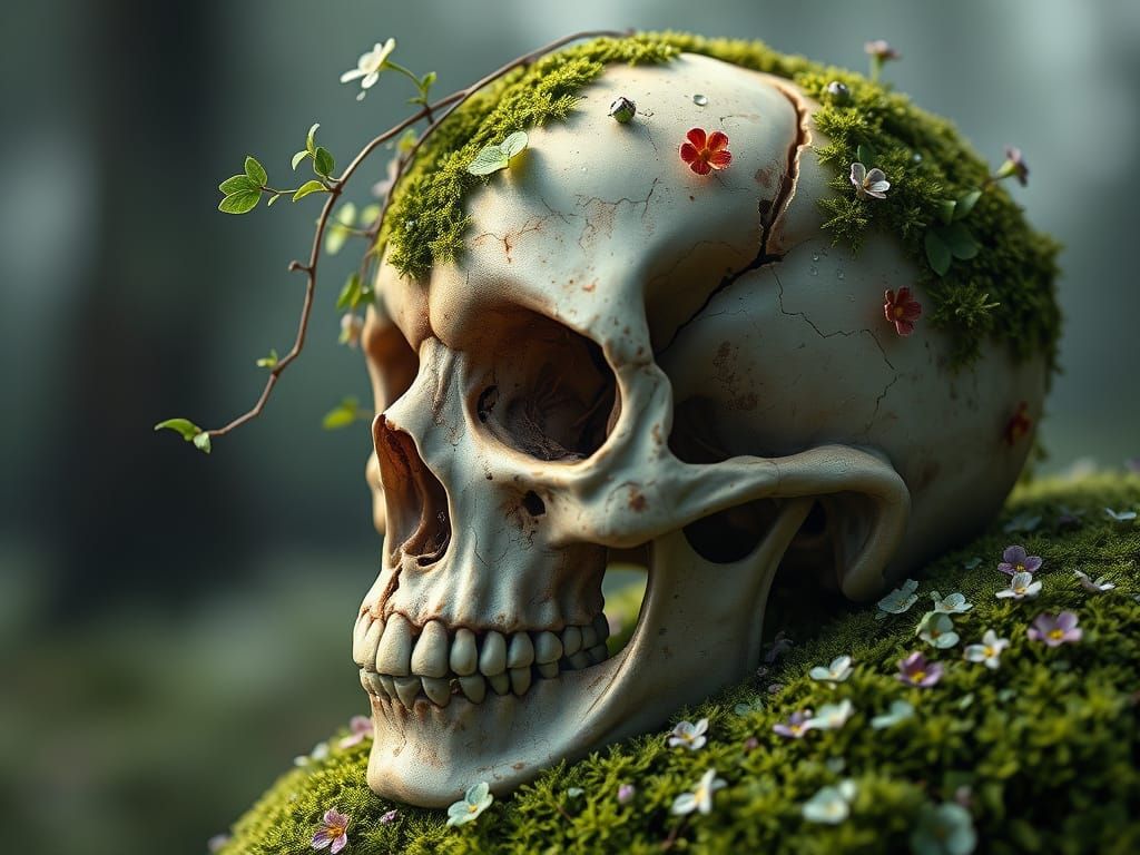 Hyper-Realistic Skull in Lush Greenery - AI Art