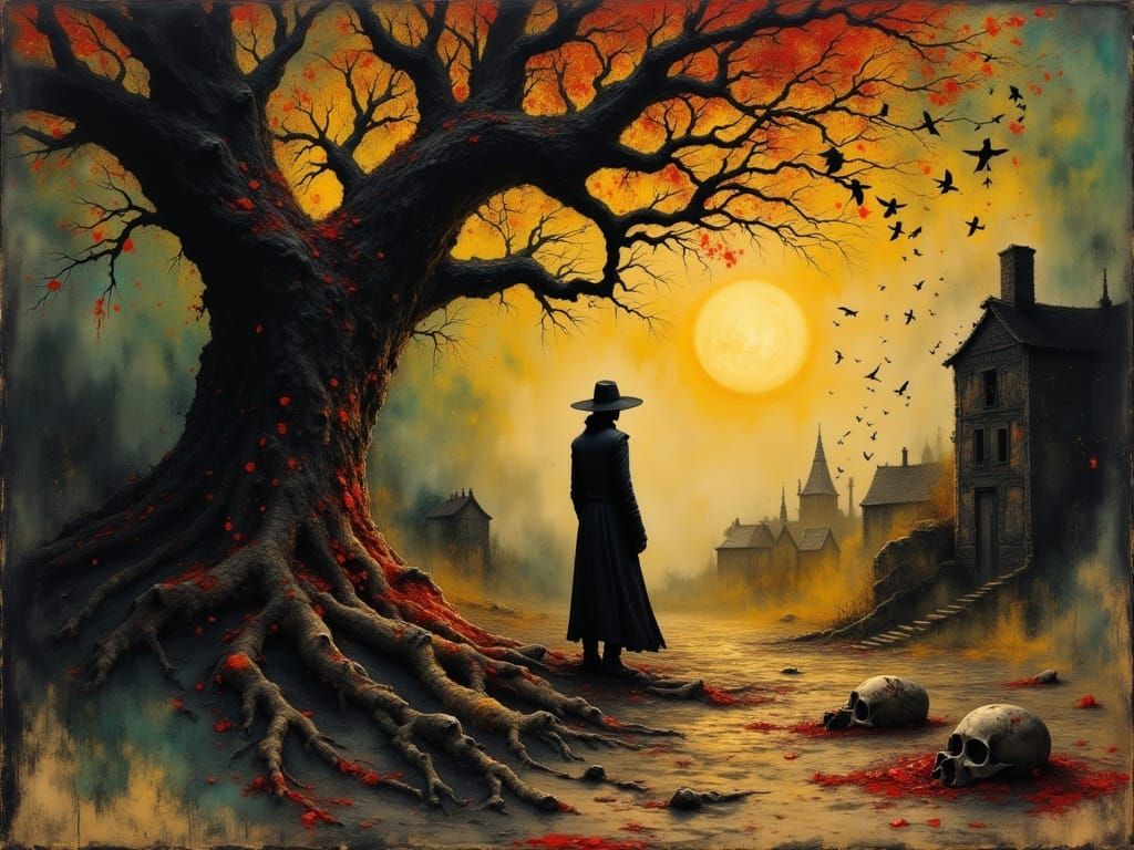 A lone figure, shrouded in mystery, stands under the twisted boughs of ...