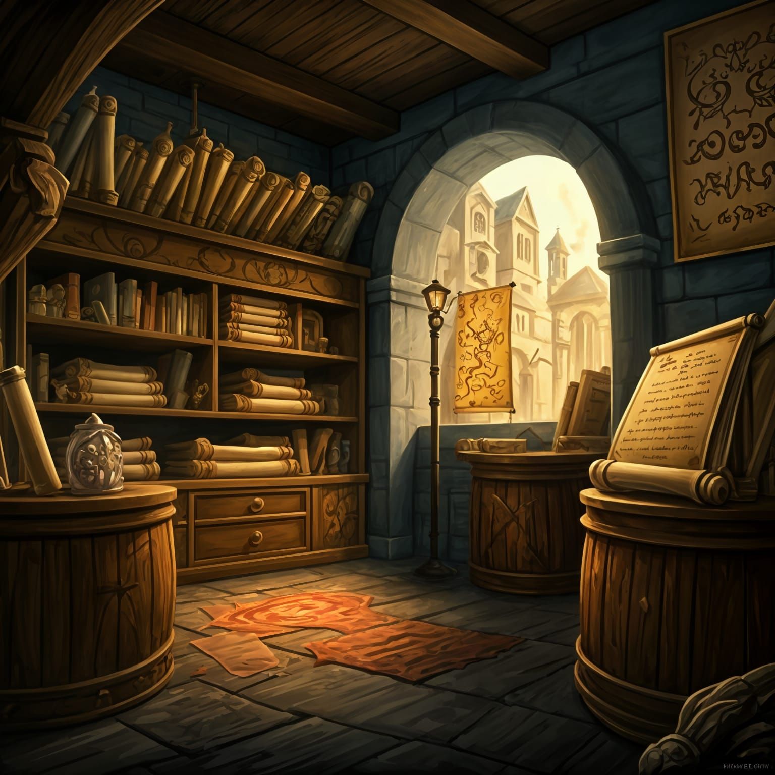 Fantasy City Shop Interior with Magical Scrolls - AI Art