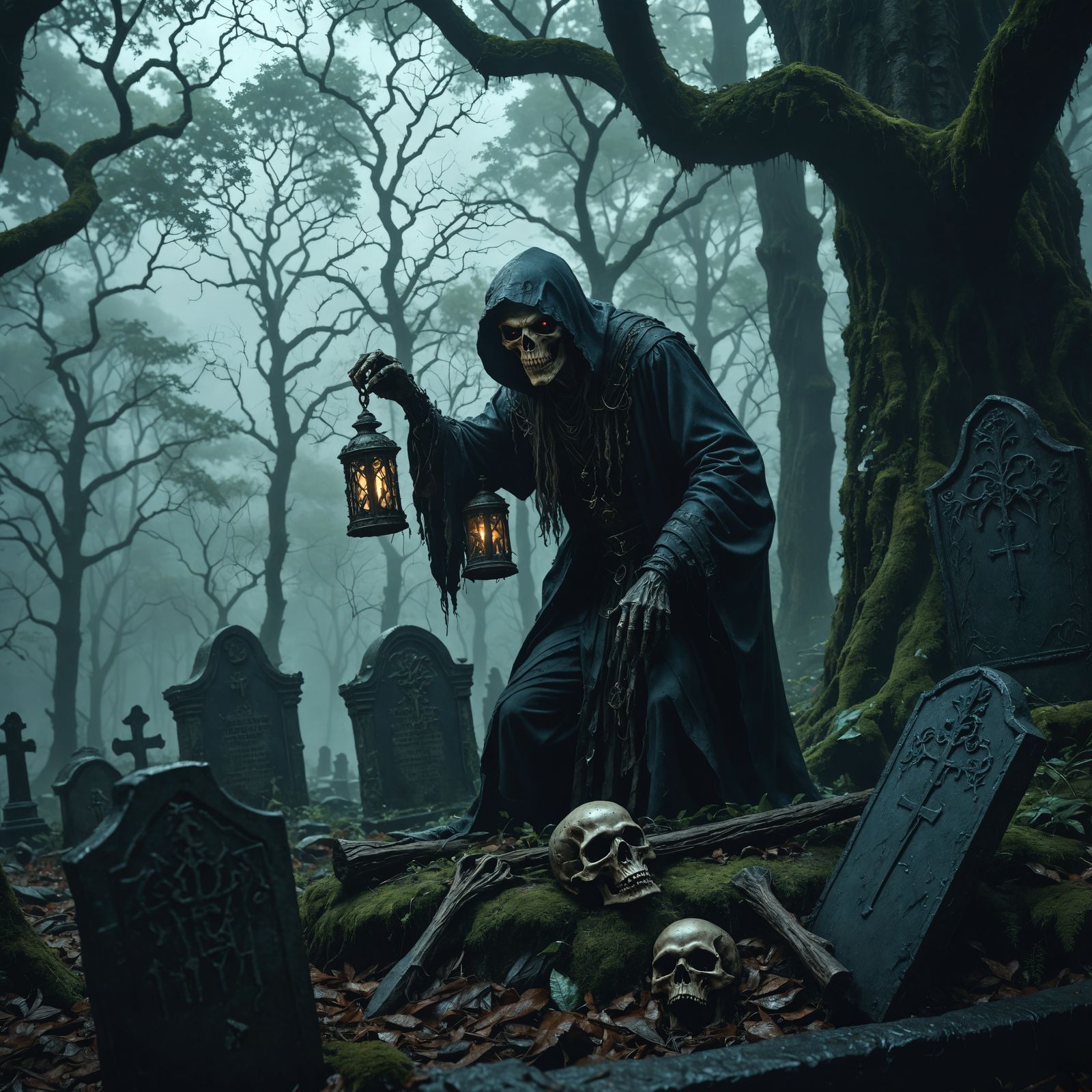 graveyard crypt keeper finds himself in a forest d... - AI Art