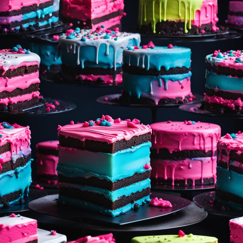Black, neon, pink, blue cakes - AI Generated Artwork - NightCafe Creator
