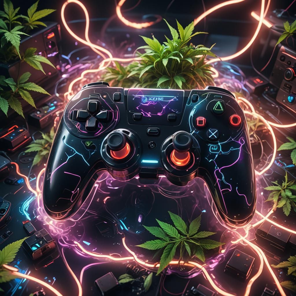 Neon Gaming Controller in Swirling Marijuana Smoke - AI Art