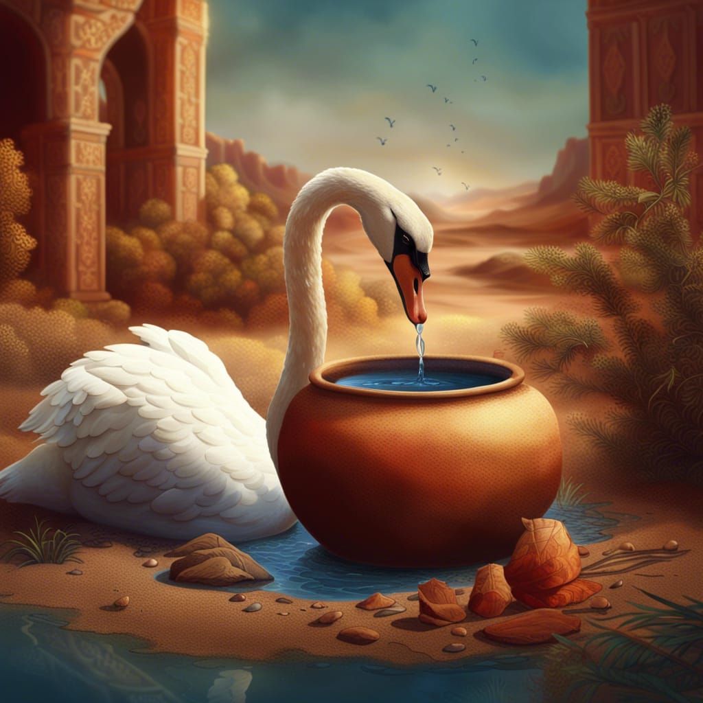 "Compose a medieval European-style painting: a thirsty swan bird beside a pot in a desert. a ...
