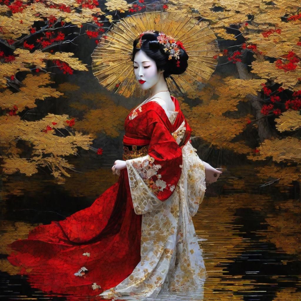 Stained glass mosaic art:: Ornate Japanese Geisha in red and blackish ...