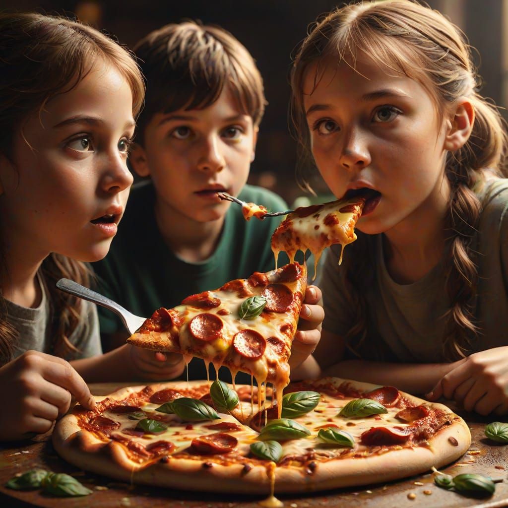 Kids eating a pepperoni pizza - Kids Eating Pizza in Hyperre...
