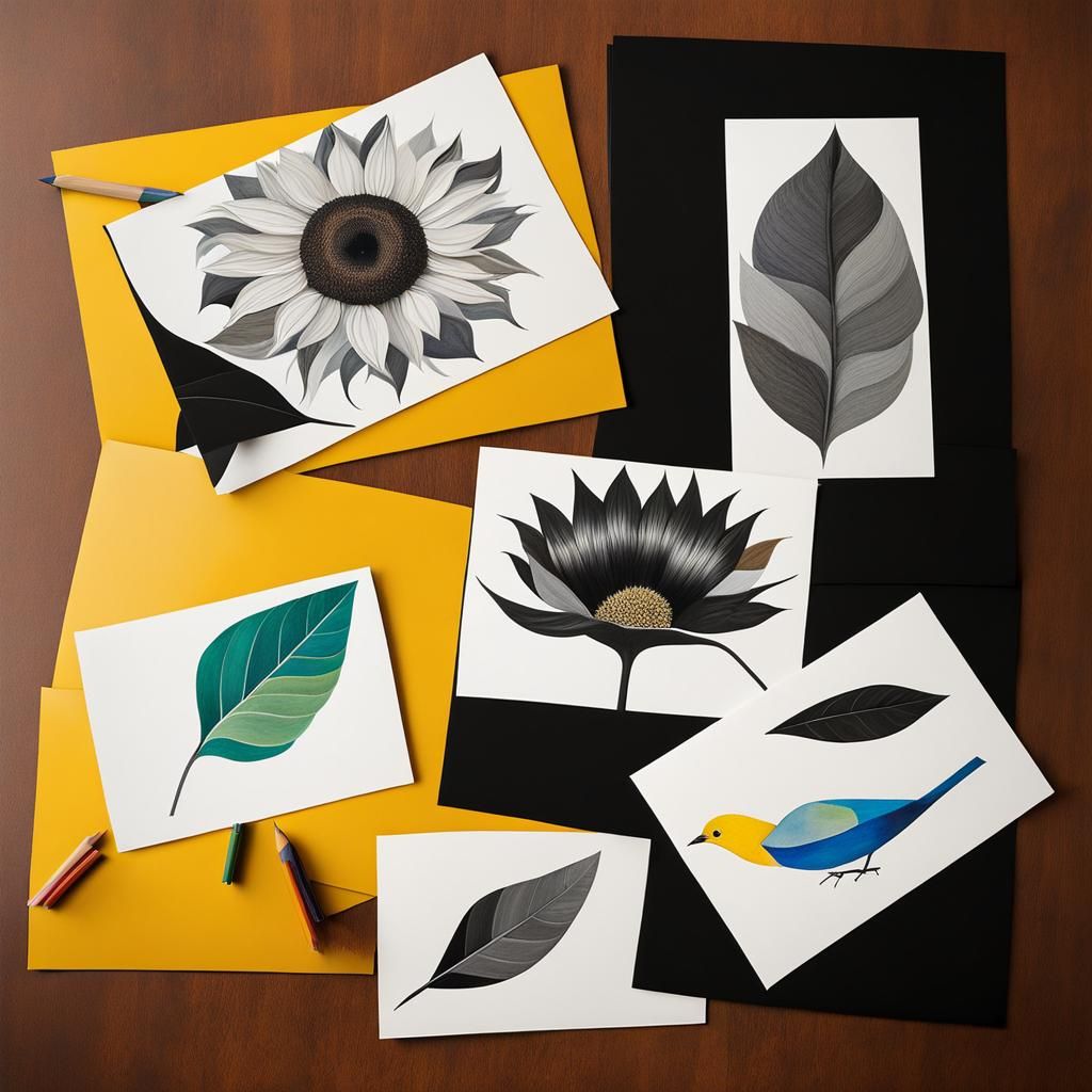 colored pencils, hand drawn pages with Sunflower, bird, leaves, flowers ...