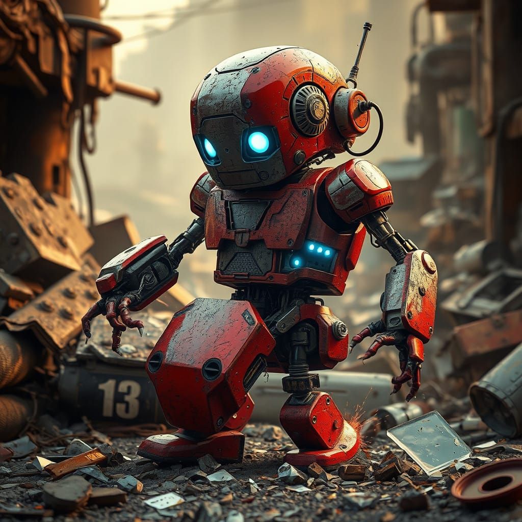 Red Robot With Blue Highlights Falling Apart