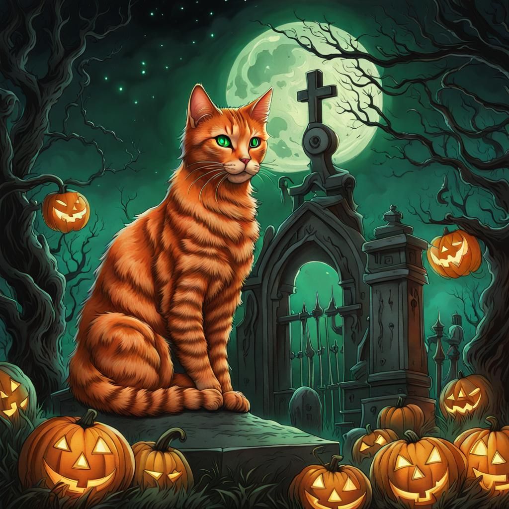 Orange cat with GREEN GLOWING EYES in graveyard at midnight halloween ...