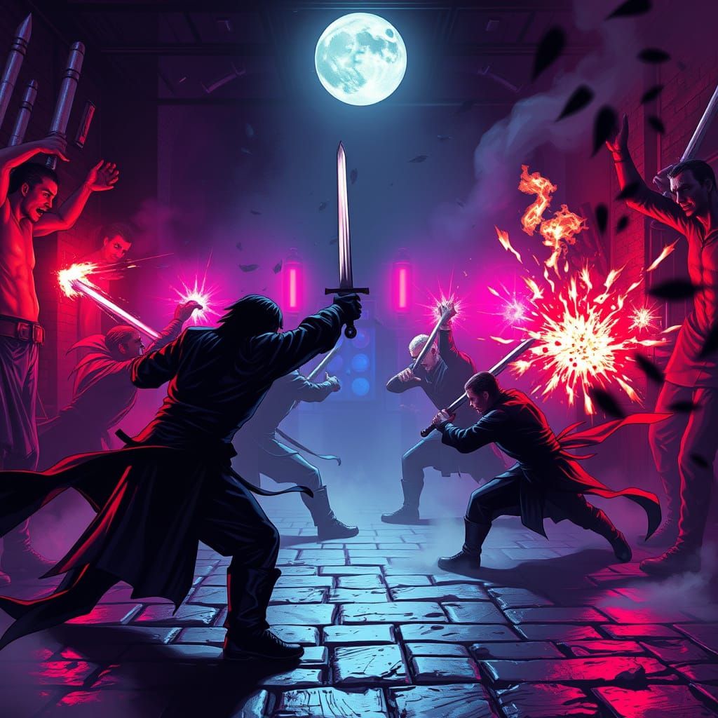 Action-Packed Vampire Fight in a Cyberpunk Setting - AI Art