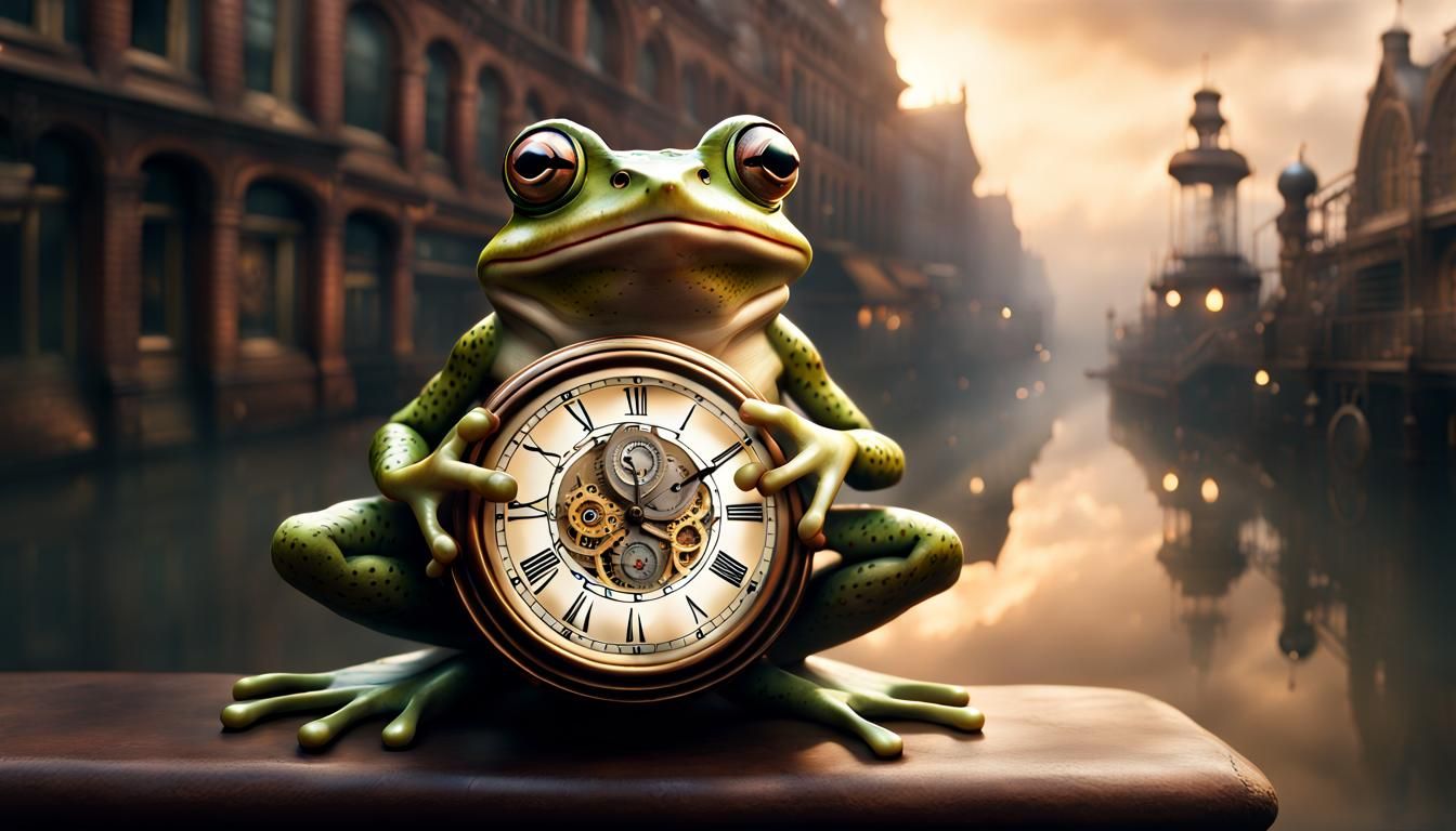 Frog holding a steampunk clock. - AI Generated Artwork - NightCafe Creator