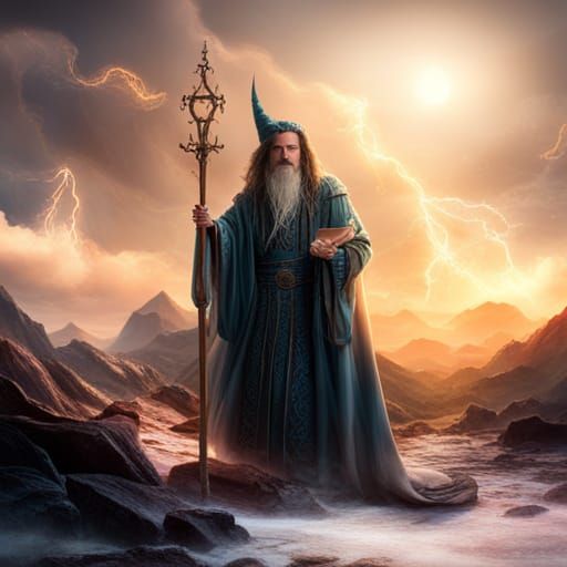 Fantastic wizard in stunningly detailed traditional wizard attire ...