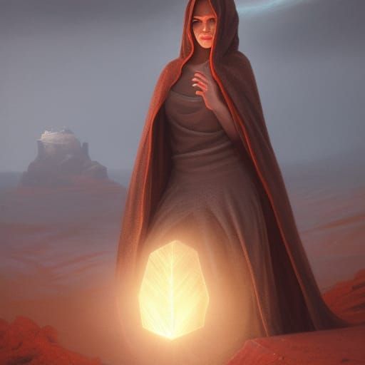 21 year old girl dressed in dusty tunic and cloak. In her hands she is ...