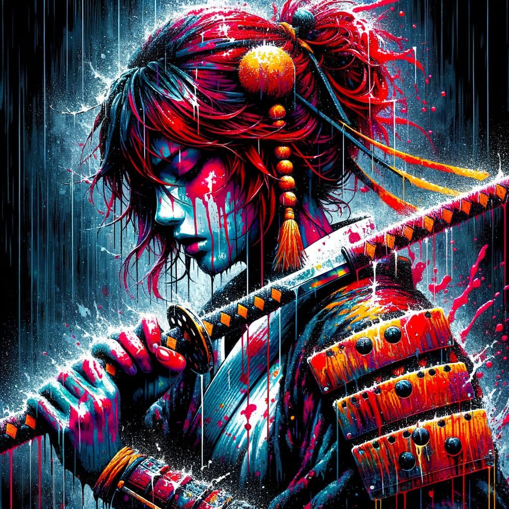Exhausted Dark Red-Haired Samurai Battles on a Rai... - AI Art