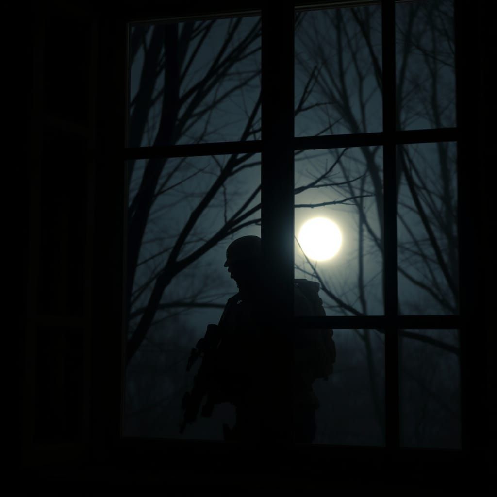 Soldier Hides in Shadows, Outside Window, at Night - AI Art