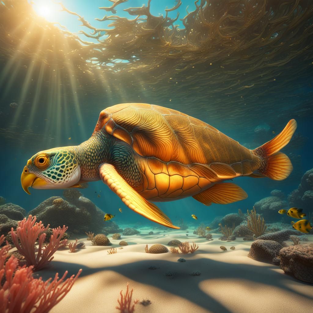 parrot fishes with turtles and golden sand in the sun, under water - AI ...