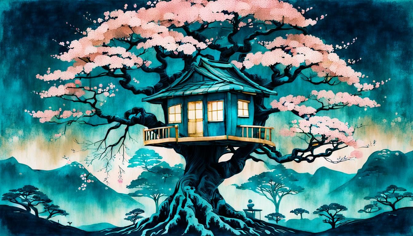 "Ethereal Cyanotype Landscapes" (treehouse: 3.0) bonsai Sakura, line ...