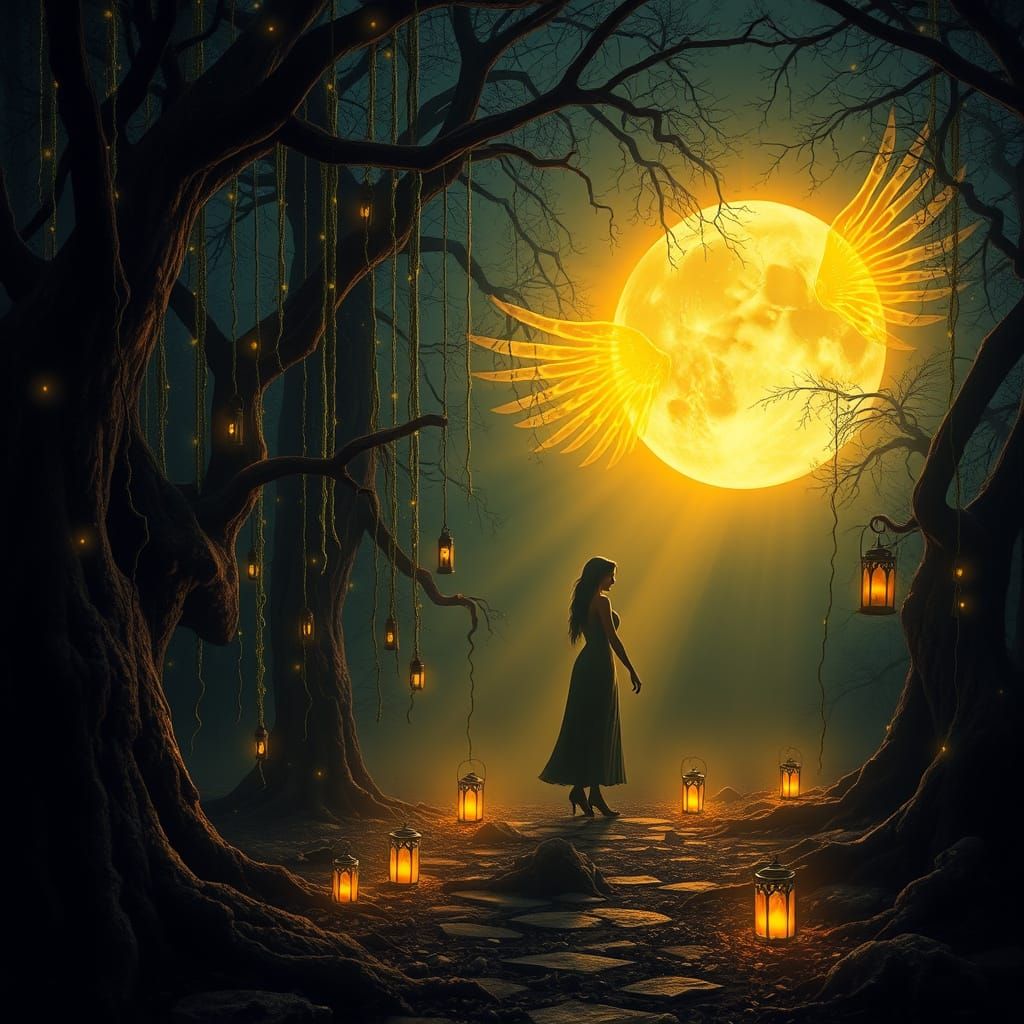 Moonlight drips through ancient, rune-etched boughs as bioluminescent ...