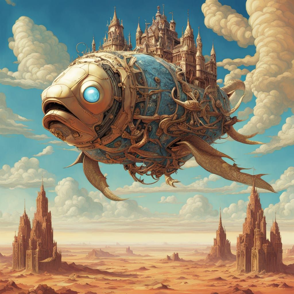 surrealism a giant mechanical fish floating in the air intricate ...