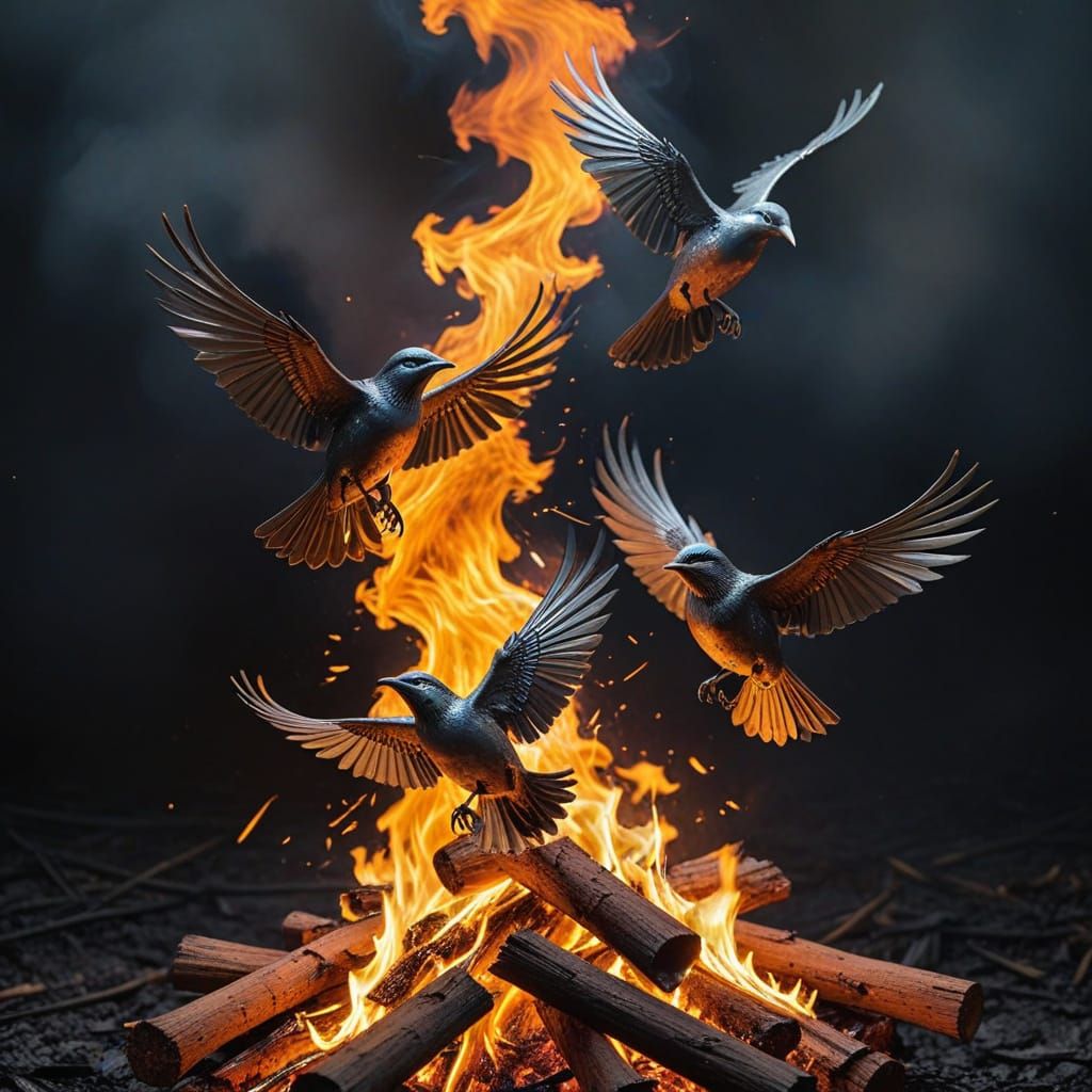 Metal birds flying in a fire - Metal Birds Soar Amidst Infer...