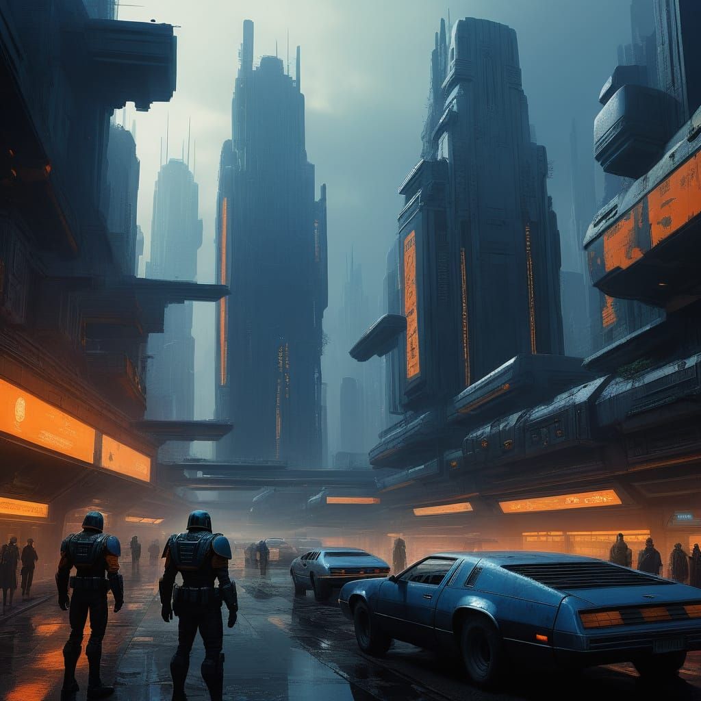 Gritty Futuristic Judge Dredd in Neon-Lit Mega-Cit... - AI Art