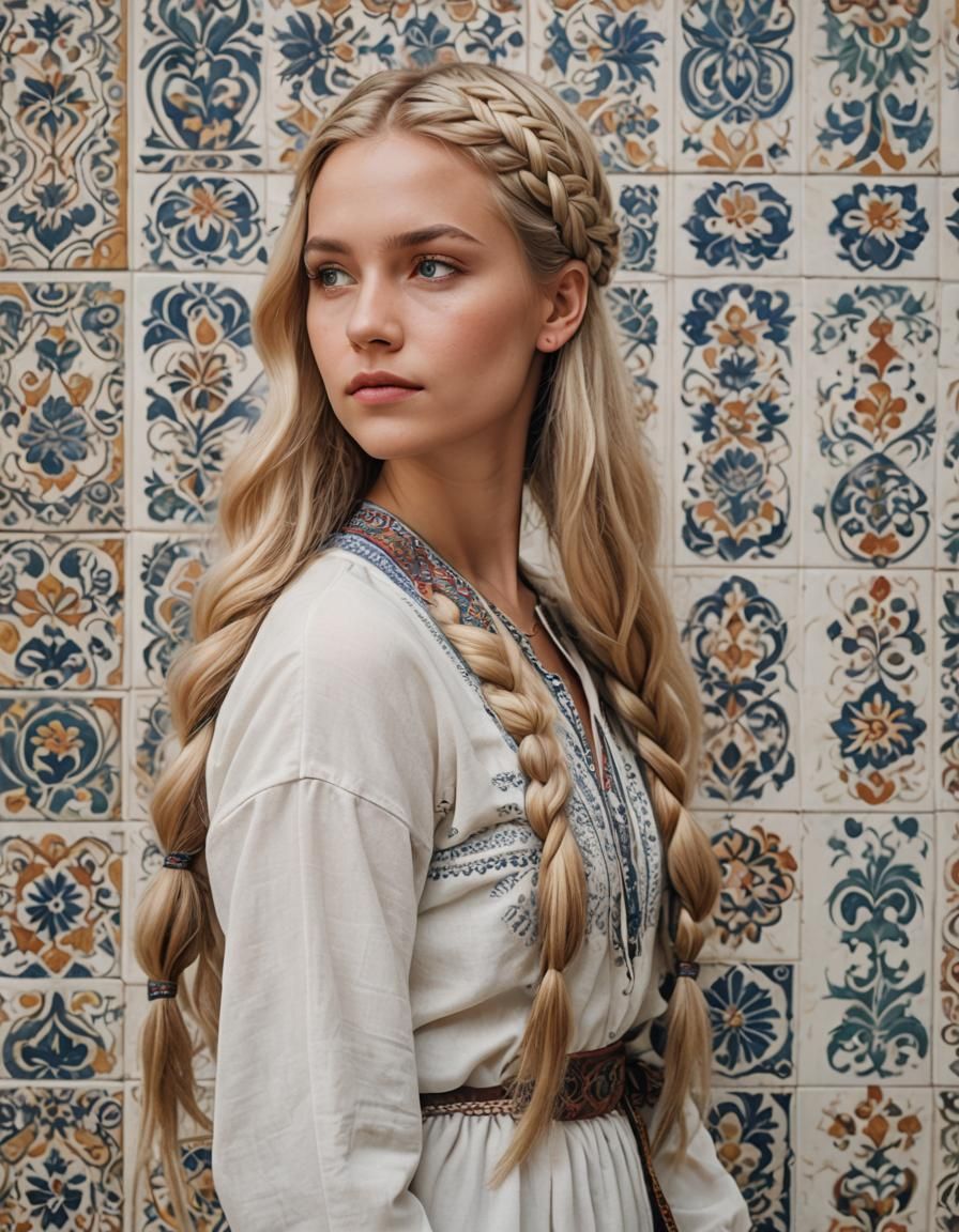 Blonde lady with slavic braid stands next to a tiled wall - AI ...