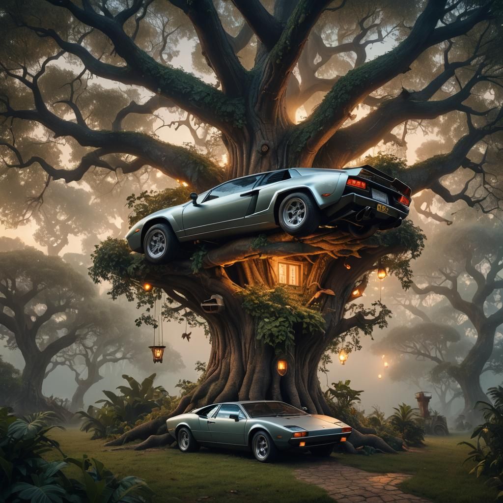 A Treehouse and Lamborghini Car - AI Generated Artwork - NightCafe Creator