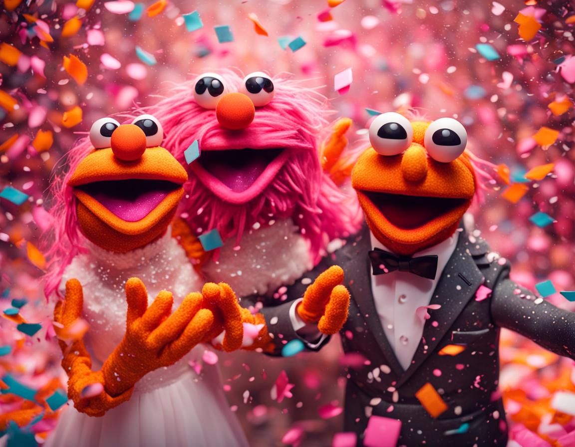 Drone view. Pink and orange muppet style Jim Henson friendly laughing ...