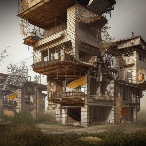 Whimsical post-apocalypse village detailed architecture crisp focus ...