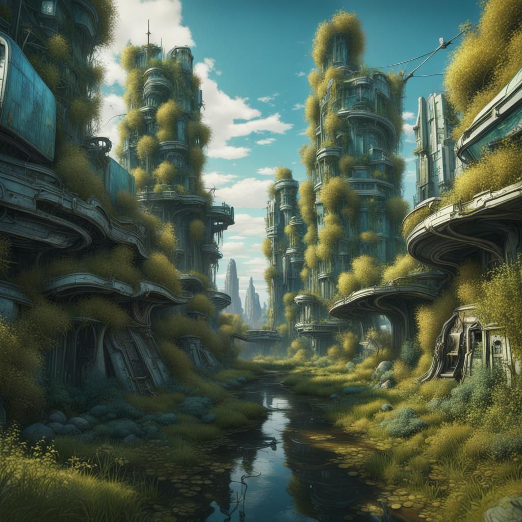 Abandoned futuristic city that has been overgrown by nature in a van ...