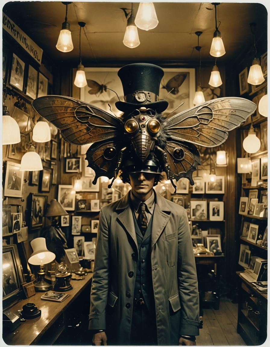 Steampunk Mothman in a Lamp Shop, Polaroid Style - AI Art
