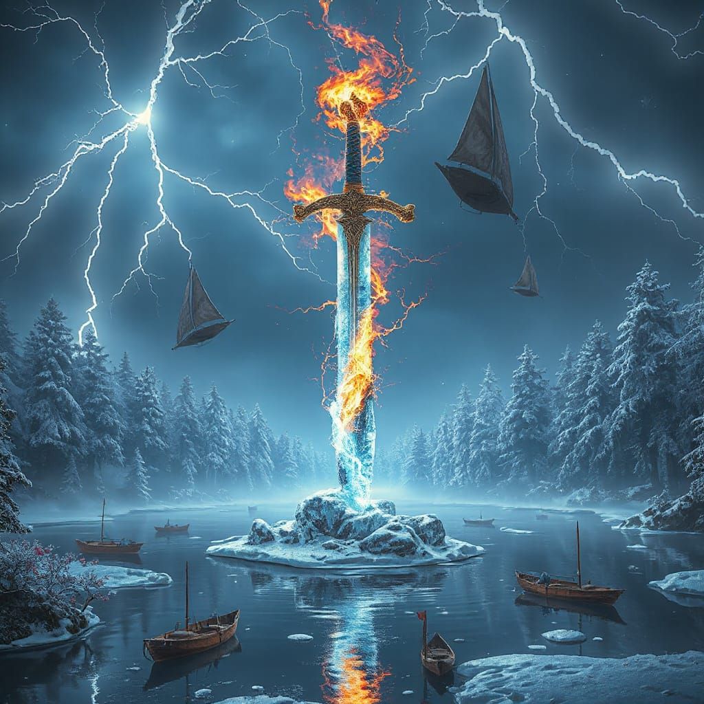 Ethereal Ice and Flame Sword Surrounded by Thunder... - AI Art