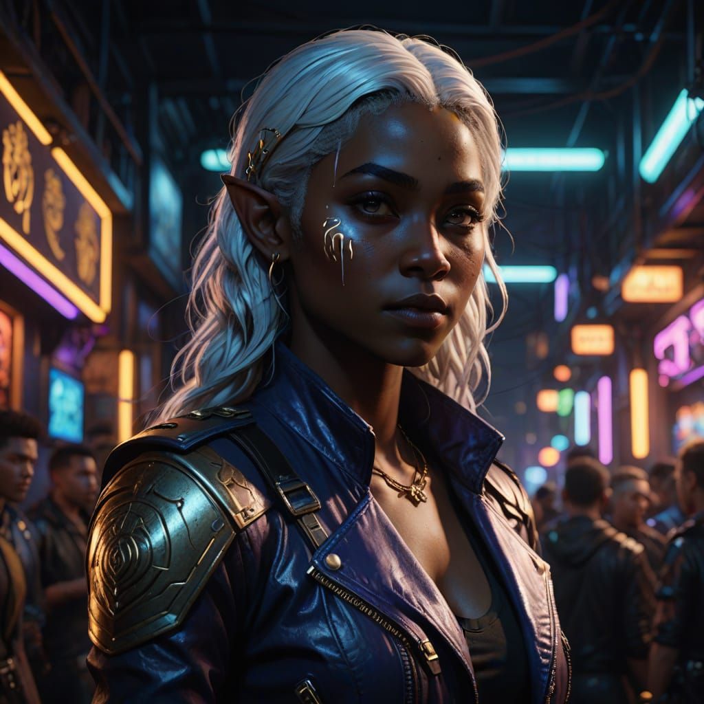 Dark Fantasy Elf Biker Goddess in Neon Punk Club - AI Art