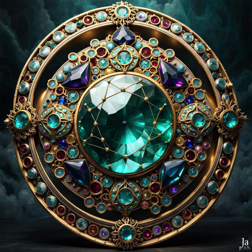 A shield with the crest of a crescent moon made of gemstones “clockwork ...